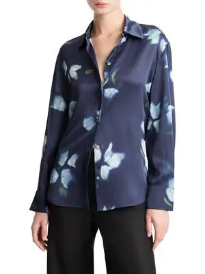 Vince Petal Blur Silk Relaxed Button-front Shirt - Dark Navy