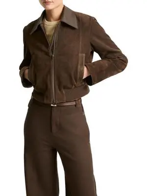 Vince Suede Shrunken Bomber Jacket With Leather Trim - Willow