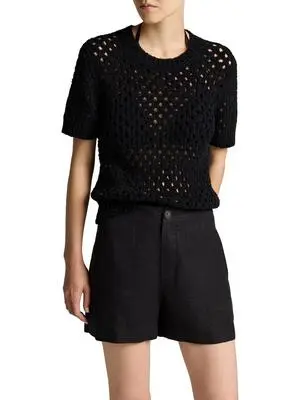Vince Honeycomb Italian Cotton & Linen-blend Short-sleeve Sweater - Black