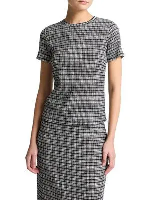 Vince Checked Grid-knit Short-sleeve Crew Neck Top - Eclipse Combo