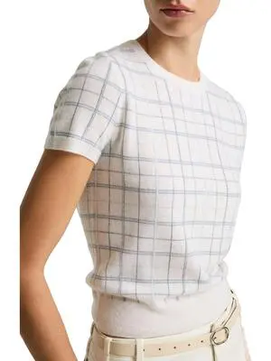 Vince Plaid Cashmere Blend Short Sleeve Sweater - Lagoon Combo