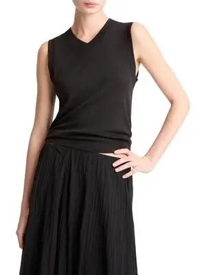 Vince Vince Pima Cotton-Blend High V-Neck Shell Black