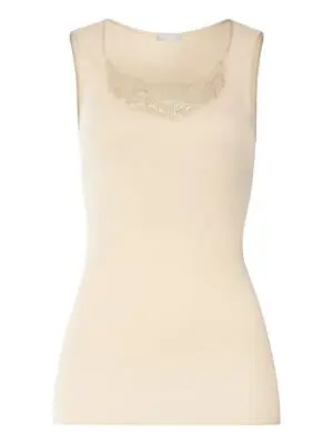 Hanro Cotton Belen Tank Top With Lace Neckline Detail - Beige