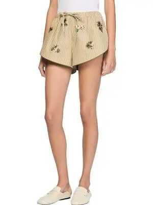 Sandro Embroidered Striped Shorts - Olive Green