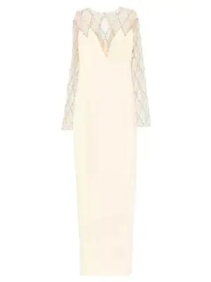 JEAN-LOUIS SABAJI Crystal-grid Embroidered Crepe Dress - Neutrals