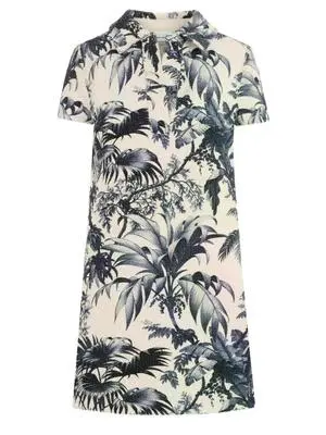 Oscar De La Renta Chiné Palm Leaves Short Sleeve Collared Neck Dress - Neutrals