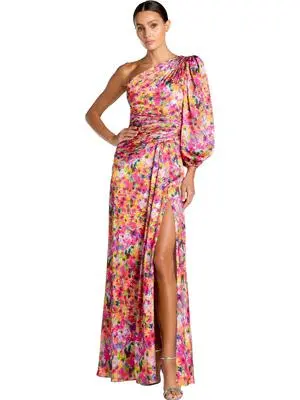 Mac Duggal Floral One-shoulder Charmeuse Gown With Slit - Multicolor