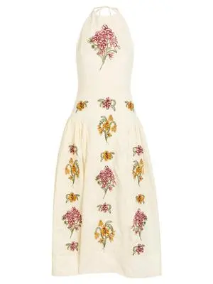 Agua Bendita Floral Embroidered Linen Midi Dress - Multicoloured