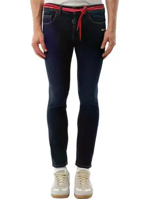 Off-White Skinny Fit Jeans With Red Drawstring Detail - Blue