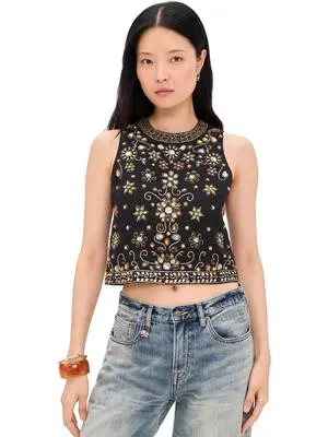 Alice + Olivia Embellished Boxy Tank Top - Black/multi