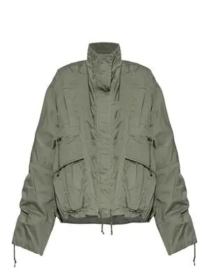 Balmain Oversized Cotton Jacket With Stand Collar And Drawstring Accents - Green