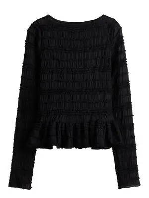 H&m Smocked Peplum Top With Frill Trims - Black