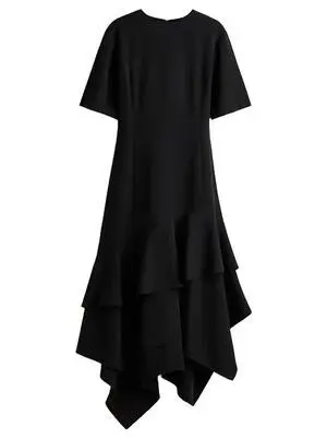 H&m Asymmetric Tiered Midi Dress With Flounced Ruffles - Black