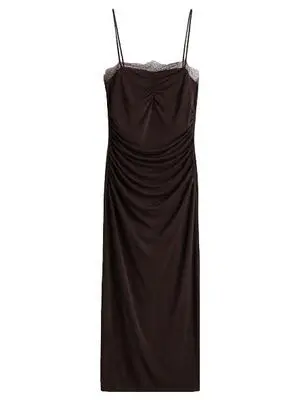 H&m Lace-trimmed Spaghetti Strap Midi Dress - Dark Brown