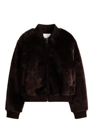 H&m Pile Bomber Jacket With Stand Collar - Dark Brown