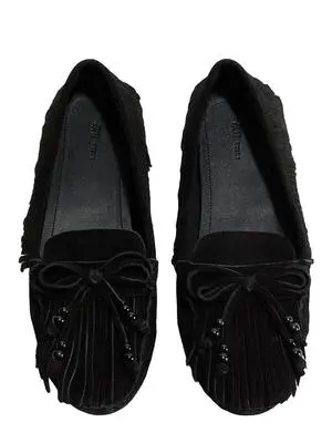H&m Suede Loafers With Fringe And Beaded Bow Detailing - Black