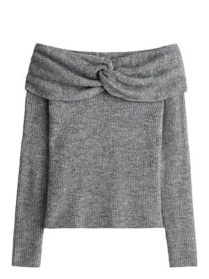 H&m Off-the-shoulder Ribbed Jumper With Twisted Detail - Gray Melange