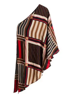 H&m One-shoulder Cape Sleeve Satin Top - Brown/patterned