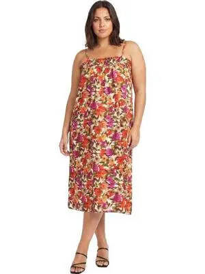 24SEVEN COMFORT APPAREL Abstract Floral Print Maxi Dress With Smocked Bodice And Spaghetti Straps - Red Multi