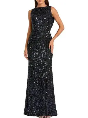 Mac Duggal Petite Sequin Sleeveless Draped Back Evening Gown - Midnight