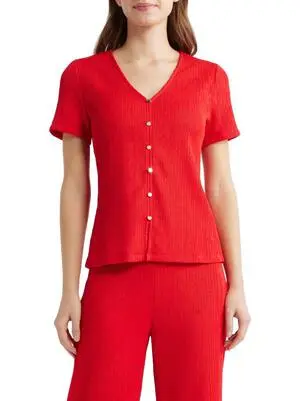 Anne Klein Short Sleeve Knit Button-up Shirt - Begonia Red