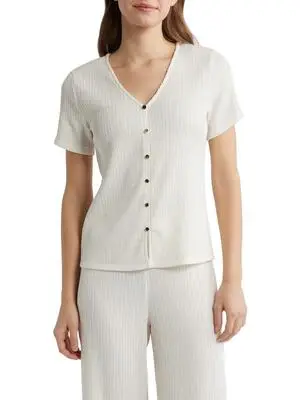 Anne Klein Short Sleeve Knit Button-up Shirt - White Dove