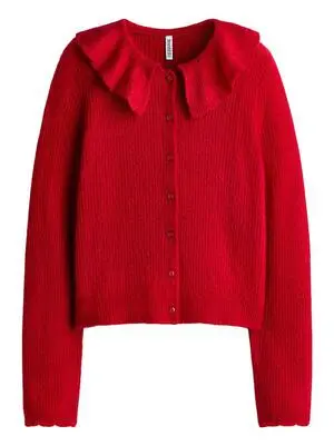 H&m Ribbed Cardigan With Scalloped Peter Pan Collar - Red