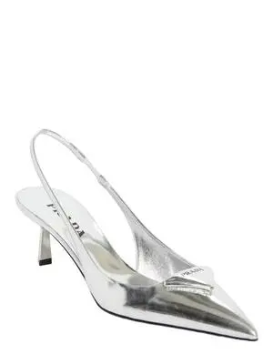 Prada Pointed Toe Metallic Kitten Heel Slingback Pumps - Argento