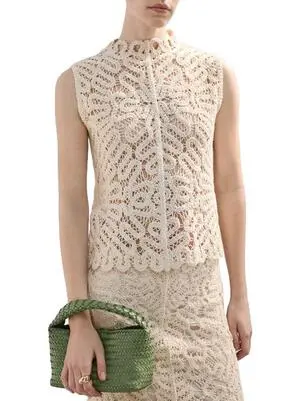 Mango Openwork Knit Mock Neck Top - Sand