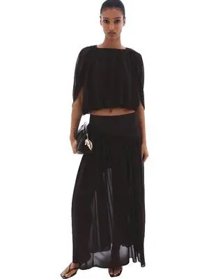 H&m Maxi Skirt In Crêpe Chiffon With Gathered Detail - Dark Brown