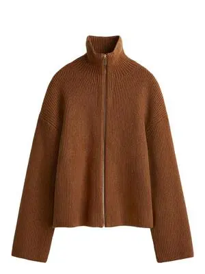 H&m Ribbed Zip-through Cardigan With Stand Collar - Brown