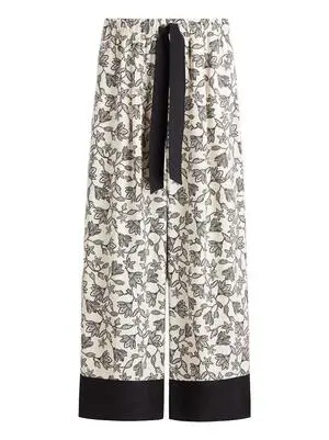 H&m Wide-leg Belted Trousers With Drawstring Waist - Cream/floral
