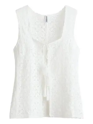 H&m Tie-front Pointelle-knit Top With Scalloped Edges - Cream