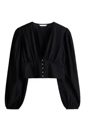 H&m Fitted V-neck Blouse With Puff Sleeves - Black