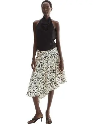 H&m Asymmetric Viscose Midi Skirt - Cream/leopard Print