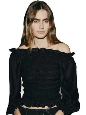 H&m Smocked Off-the-shoulder Blouse With Voluminous Sleeves - Black
