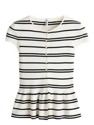 H&m Striped Fine Knit Peplum Cardigan - Cream/striped