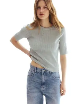 H&m Rib-knit T-shirt With Pointelle Details - Light Gray