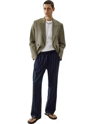 H&m Relaxed-fit Linen-blend Pants - Navy Blue/striped