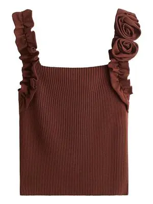 H&m Rose-appliquéd Rib-knit Cropped Top With Frill Straps - Rust Brown