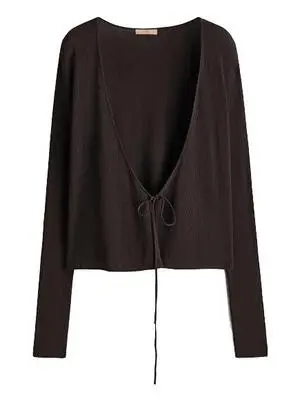 H&m Rib-knit Wrap Cardigan With V-neckline And Waist Ties - Dark Brown