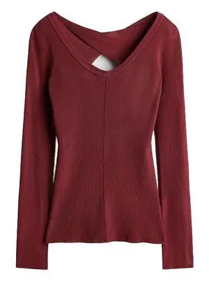 H&m Rib-knit Twist-detail Long-sleeve Top - Burgundy