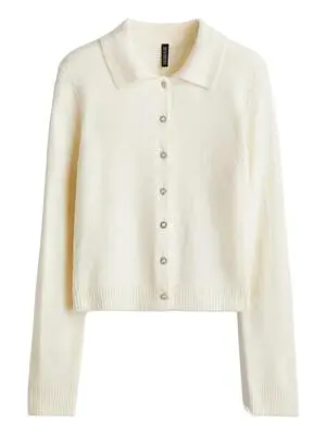 H&m Collared Fine Knit Cardigan With Button Front - Cream