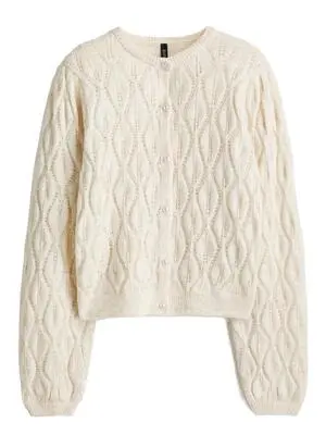 H&m Pointelle-knit Cardigan With Shoulder Pleats - Light Beige