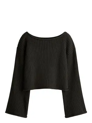 H&m Rib-knit Boat-neck Jumper With Trumpet Sleeves - Dark Green