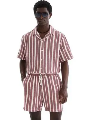 H&m Regular-fit Textured Cotton-blend Shorts - Red/striped