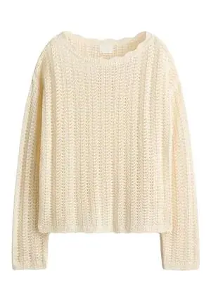 H&m Pointelle-knit Jumper With Boat Neckline And Scalloped Edges - Light Beige