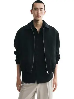 H&M Collared Cotton Twill Zip-up Jacket - Black