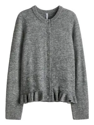 H&m Pointelle-knit Cardigan With Frill Trim - Gray Melange