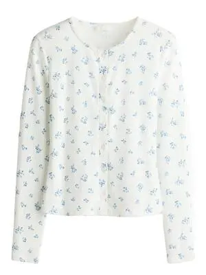 H&m Pointelle Jersey Cardigan With Picot Trim - White/blue Floral